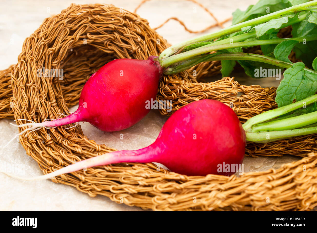 Fruits of red radish on wooden table. Dietary, healthy food. Harvest in ...