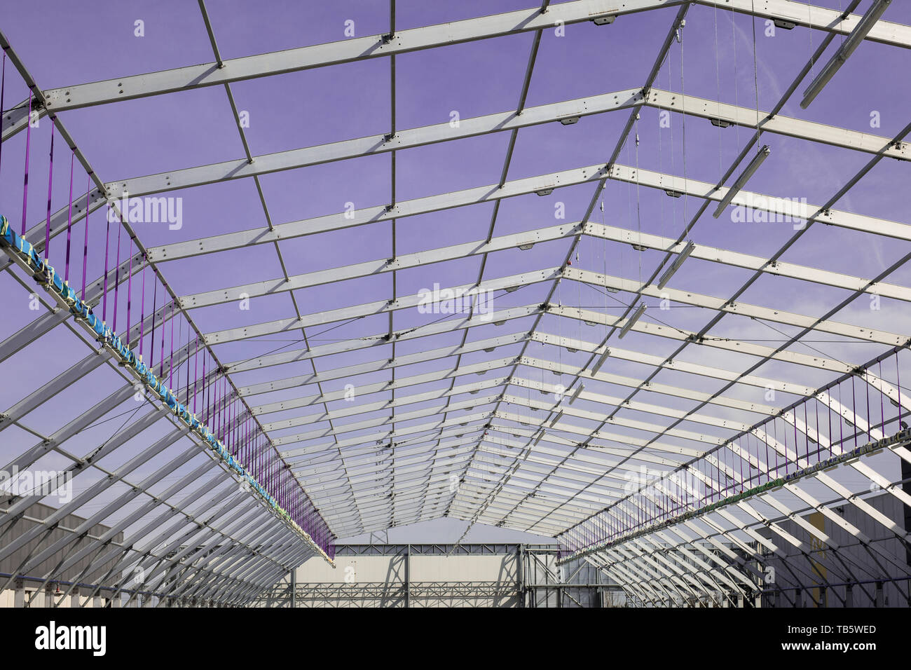 Metallic Ceiling Structure under Construction and Blue Sky in ...