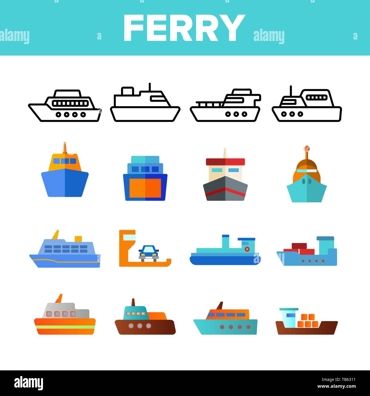 Ferry, Vessel And Ship Vector Color Icons Set. Ferry Front And Side ...