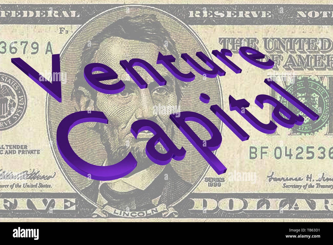 3D illustration of Venture Capital title on Five Dollars bill as a ...