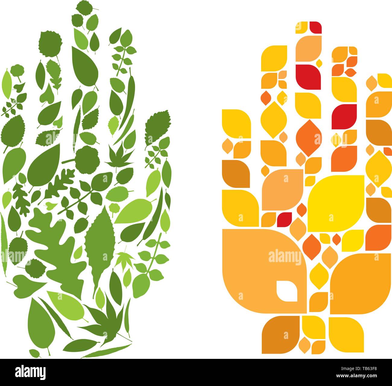 Vector illustration. Two hands made by green and dry leaves Stock ...