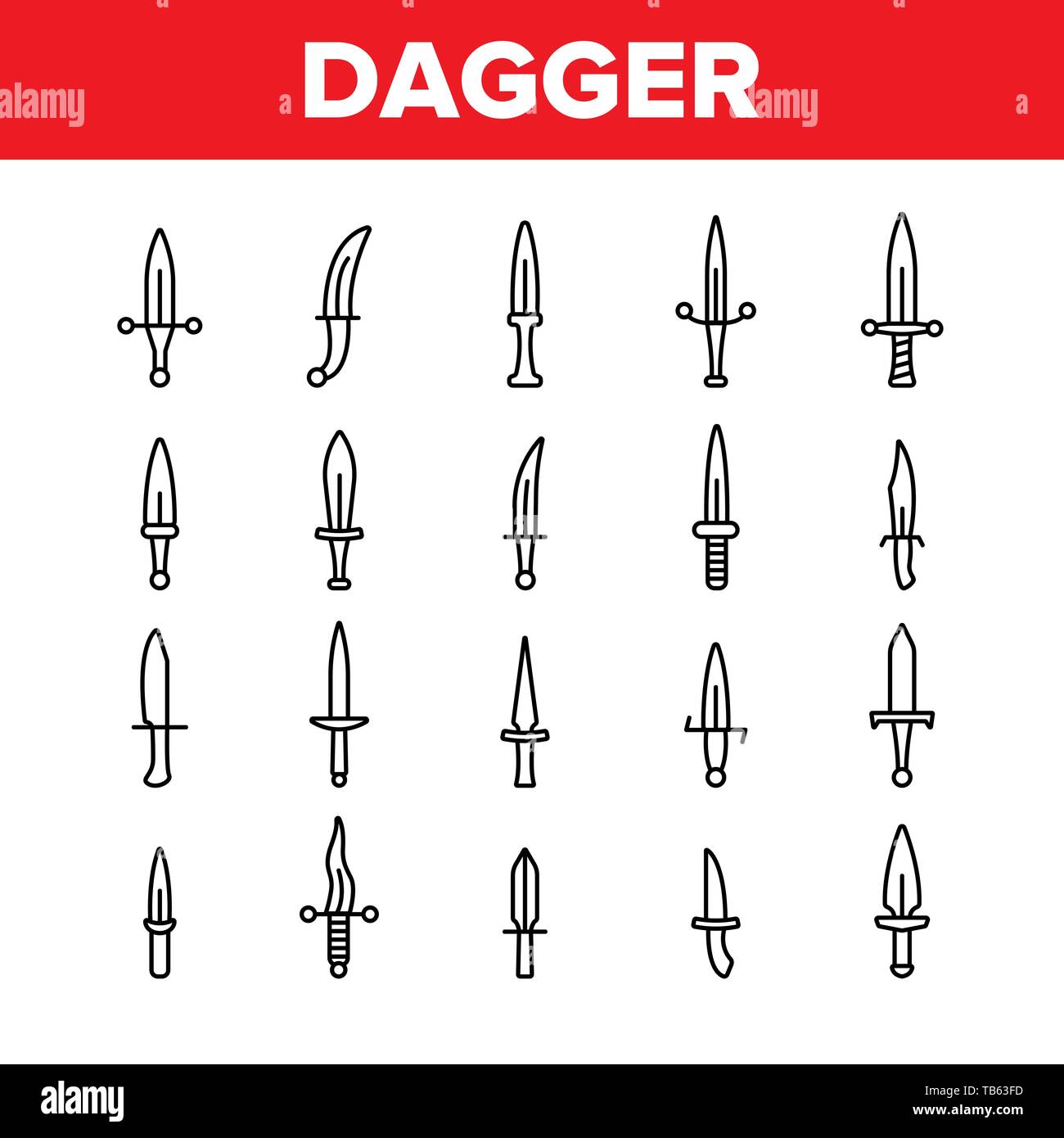 Dagger, Sharp Weapon Vector Thin Line Icons Set. Dagger, Dirk, Metal ...