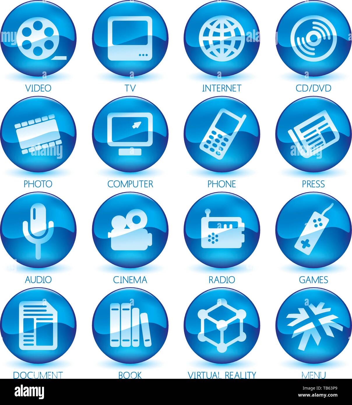Vector illustration. Icons of media control in circular buttons. Color ...