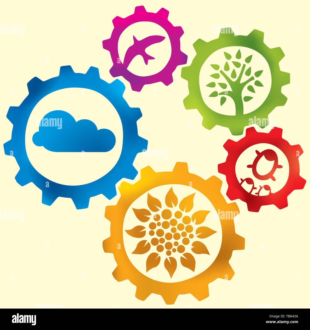 Vector illustration Nature gears with natural elements within. Soft ...