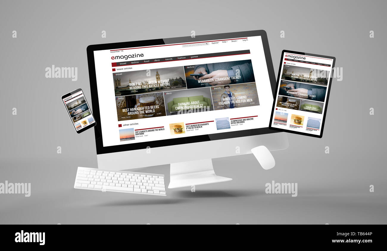 computer, tablet and smartphone showing e-magazine responsive website ...