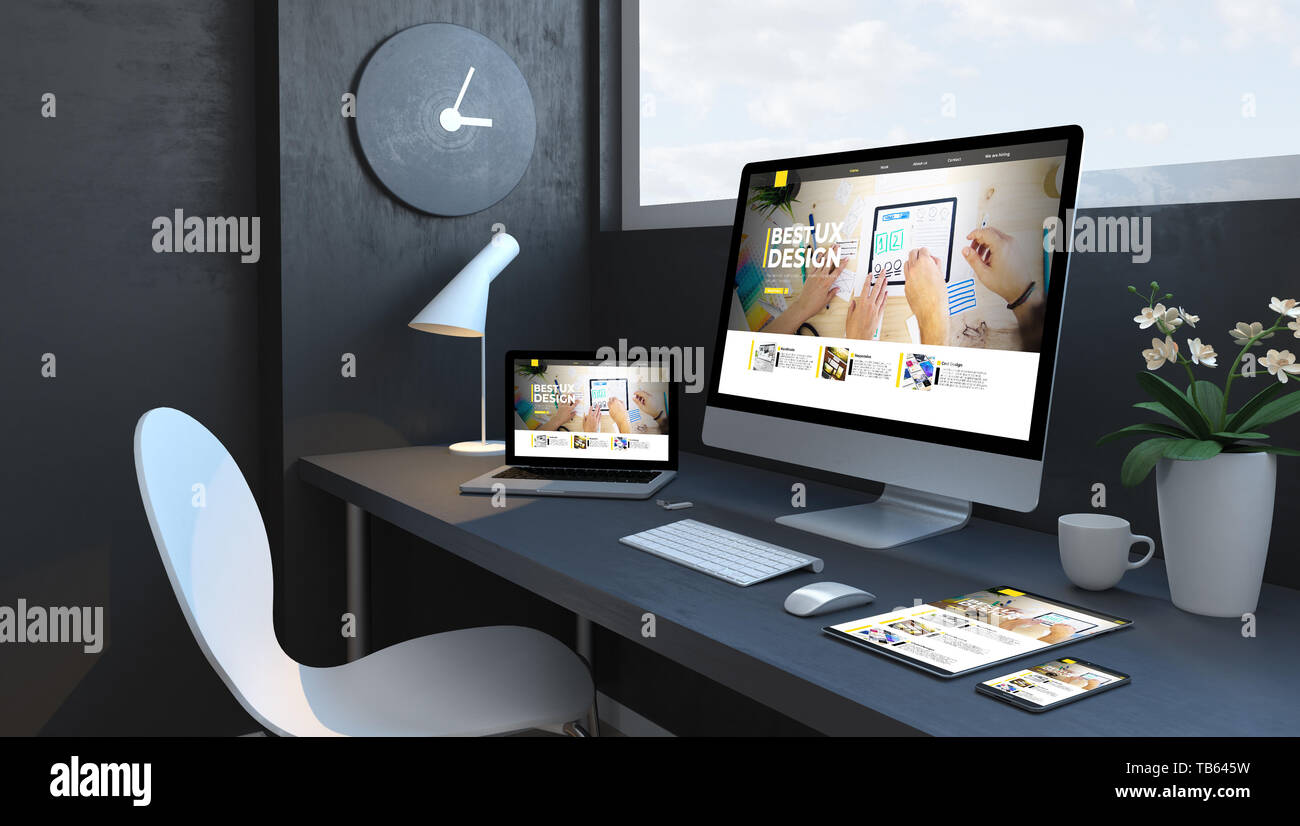 Navy blue workspace with responsive ux design website devices 3d ...