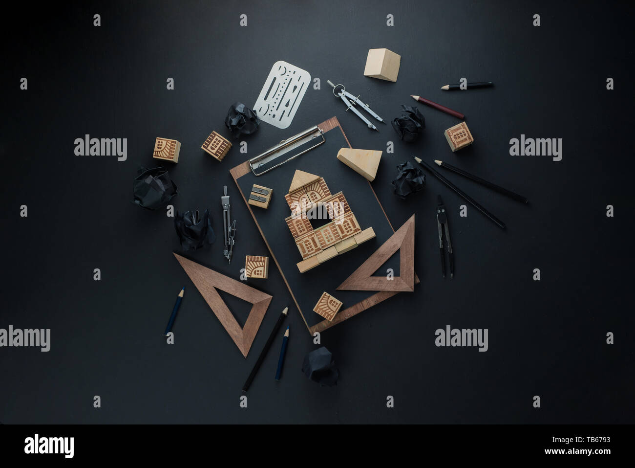 House construction, planning, and repairment concept. Wooden block home ...