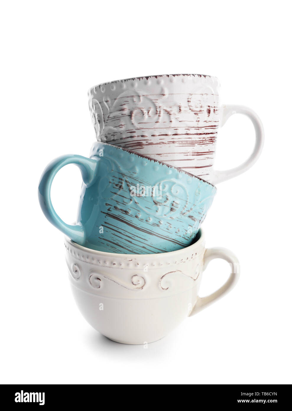Colorful empty cups on white background Stock Photo - Alamy