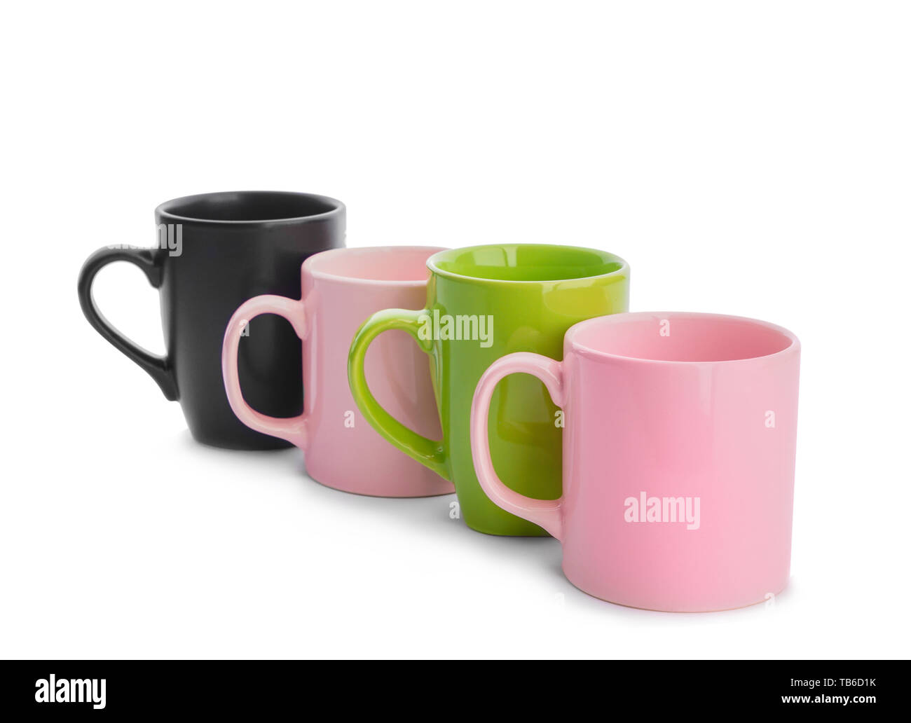 Colorful empty cups on white background Stock Photo - Alamy