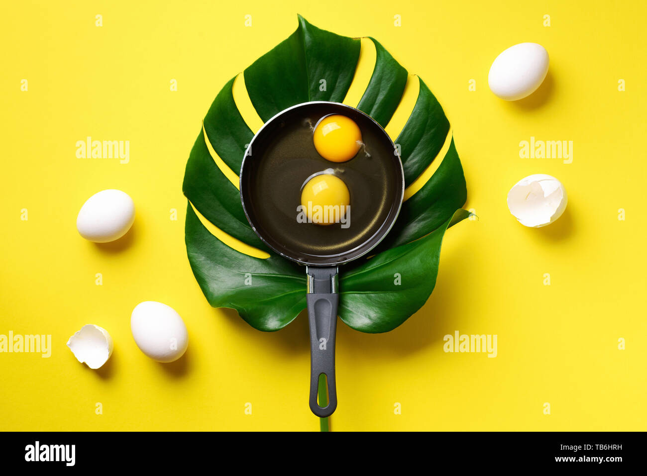 Organic egg in pan over monstera leaf on yellow background ...