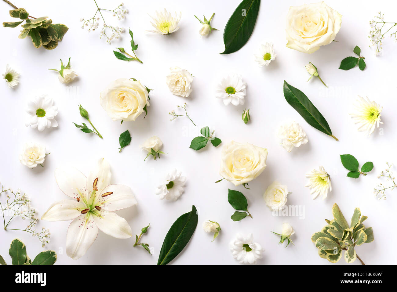 Floral background with blossom white flowers. Top view, flat lay ...