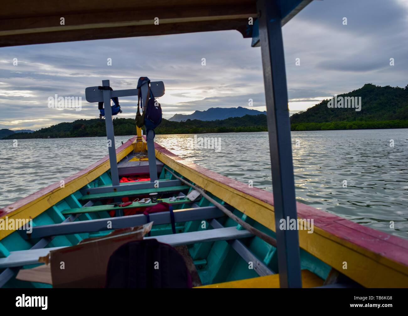 traditional fishing wooden boat near island in indonesia island Stock ...