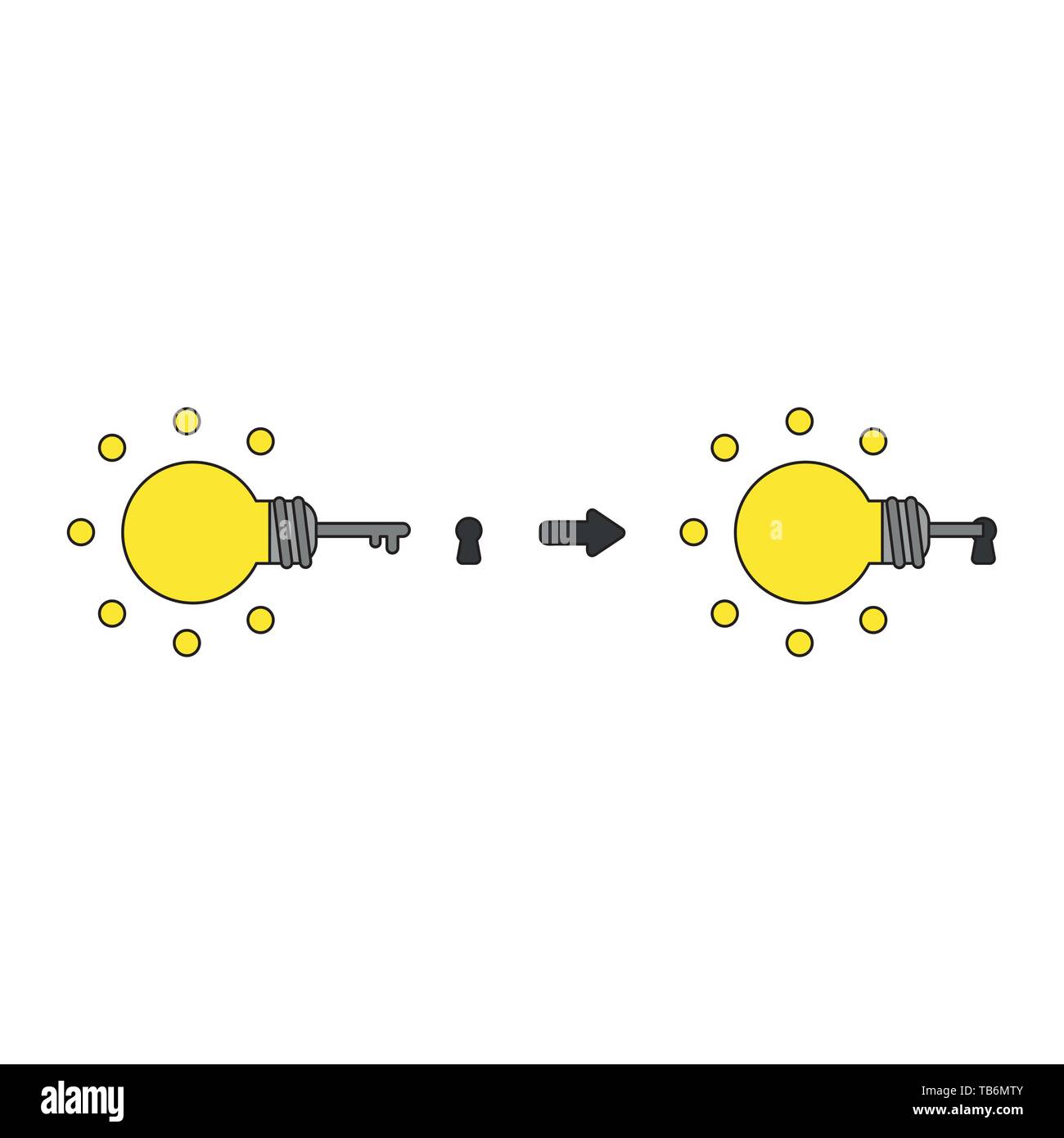 Vector icon concept of glowing yellow light bulb key into keyhole ...