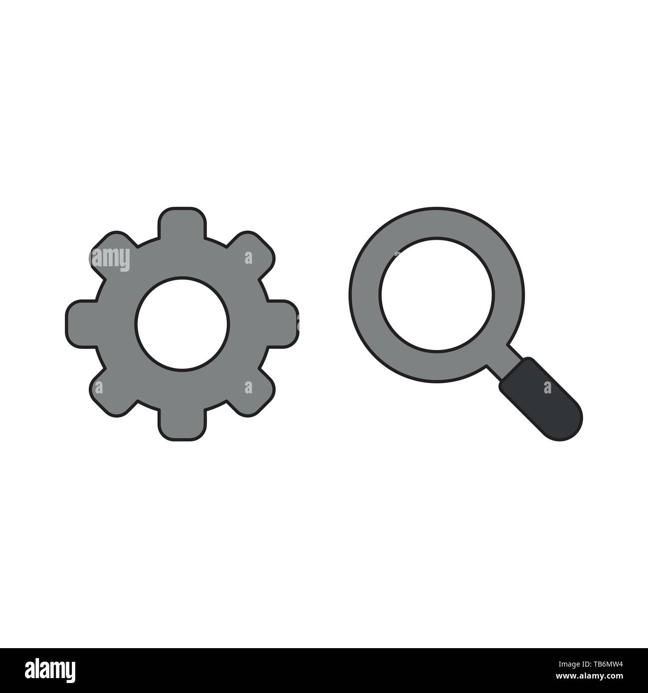 Vector icon concept of grey gear with magnifying glass. Black outlines ...
