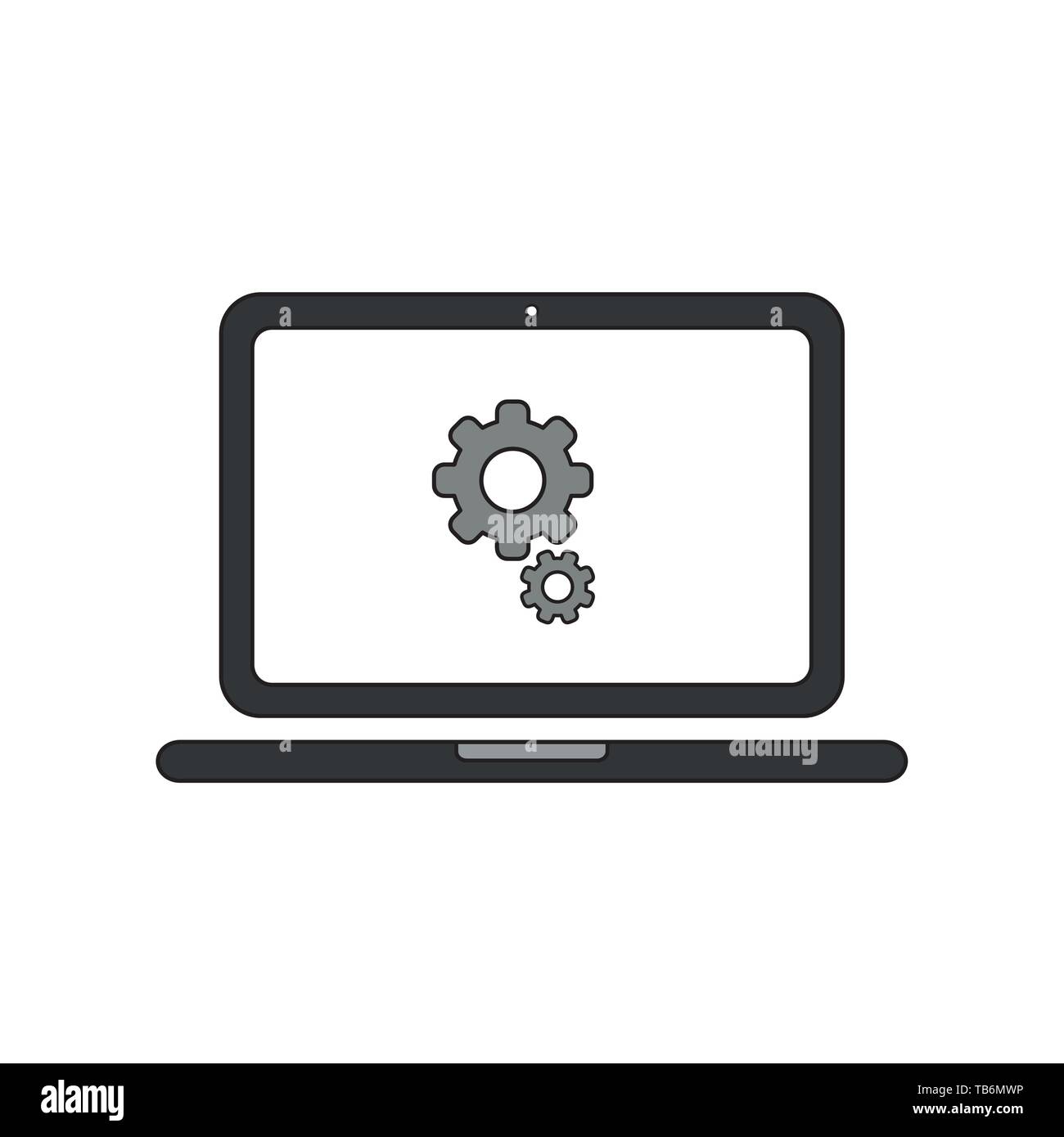 Vector icon concept of gears inside laptop computer. Black outlines and ...