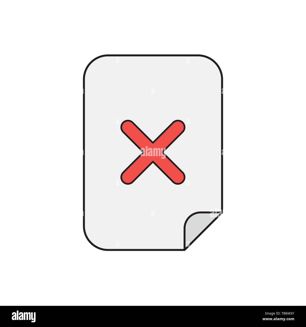 Vector icon concept of paper with x mark. Black outlines and colored ...