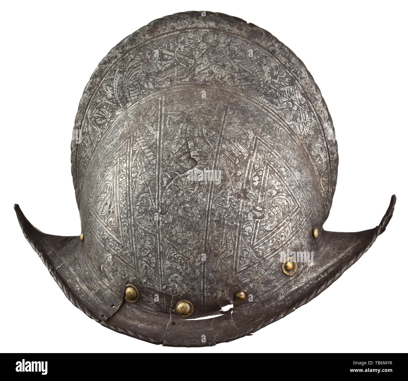 An etched German morion, circa 1580, One-piece hammered skull with tall ...