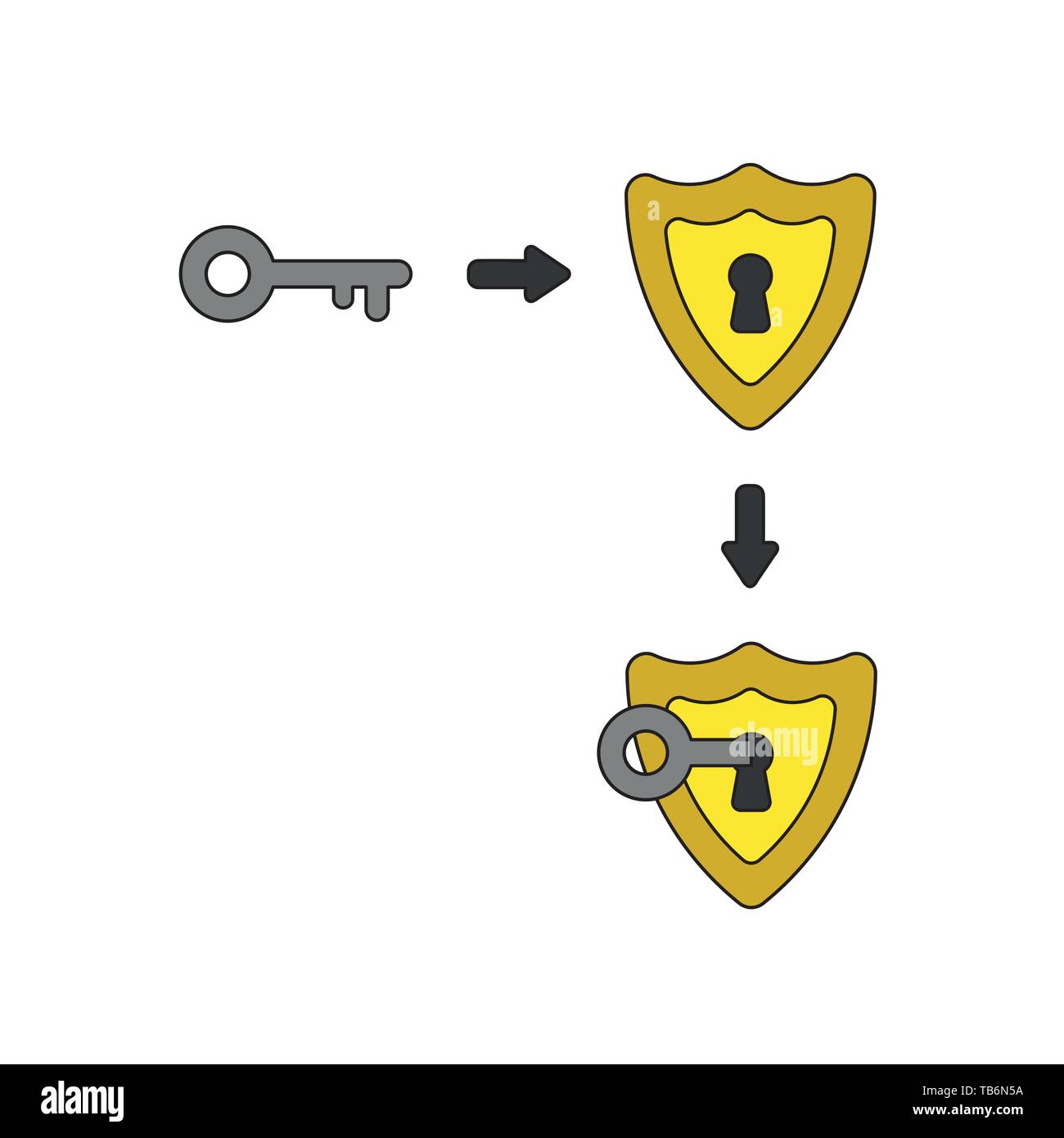 Vector icon concept of guard shield with key into keyhole. Black ...