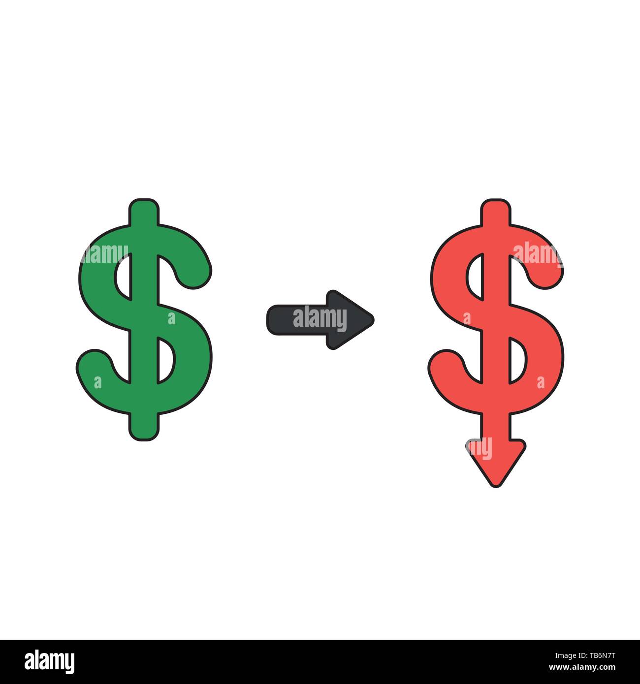 Vector icon concept of dollar symbol arrow moving down. Black outlines ...