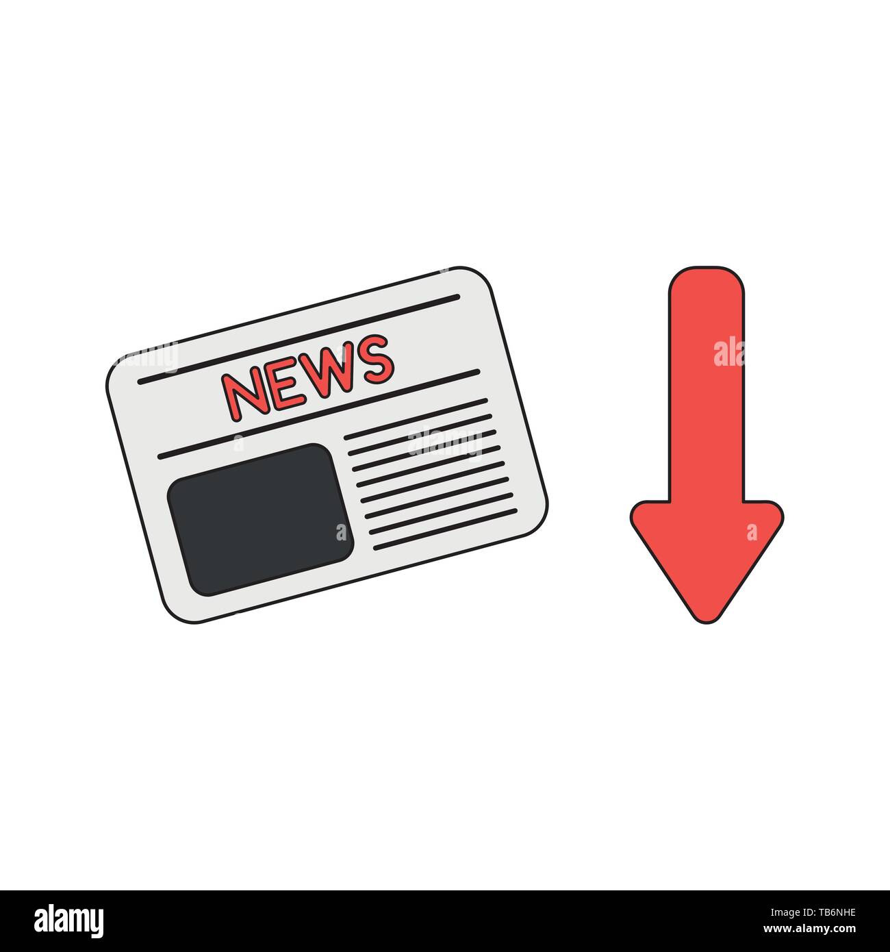 Vector icon concept of newspaper with arrow moving down. Black outlines ...