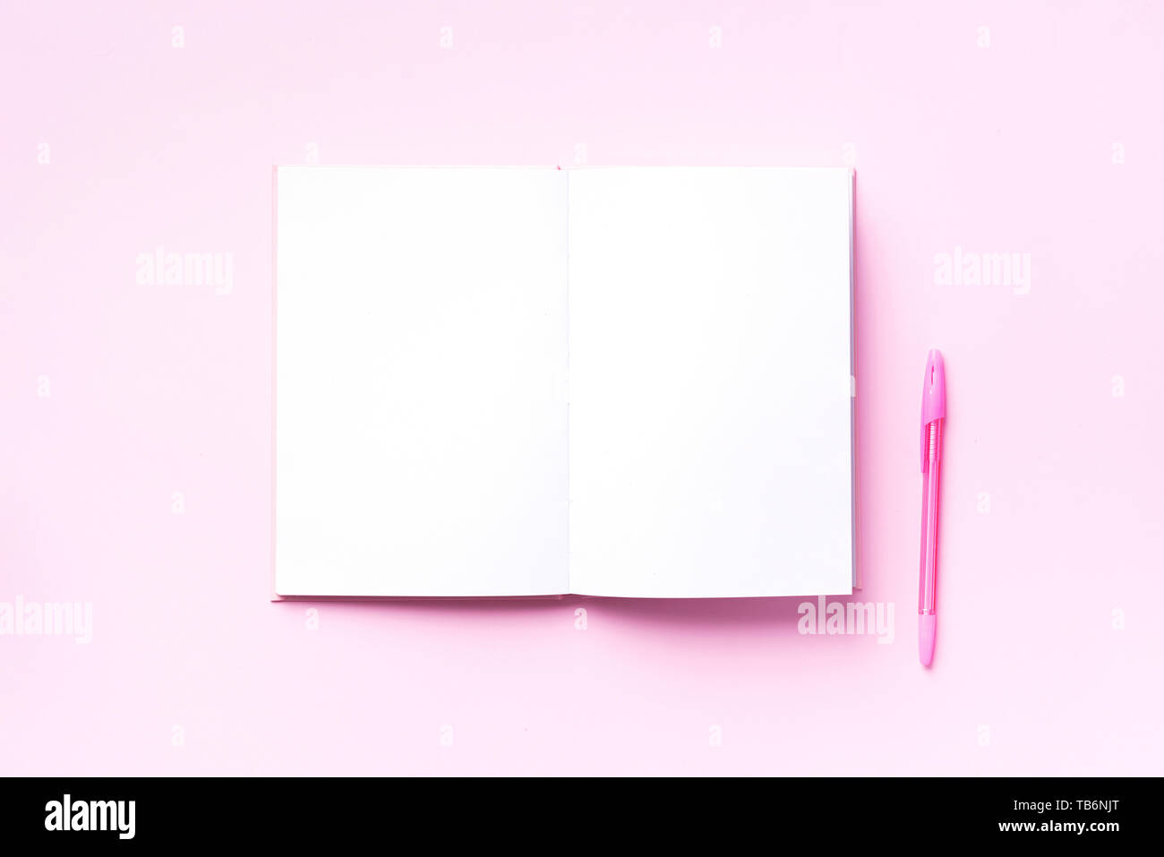 Top view of open pink notebook on pastel colorful background. Copy ...