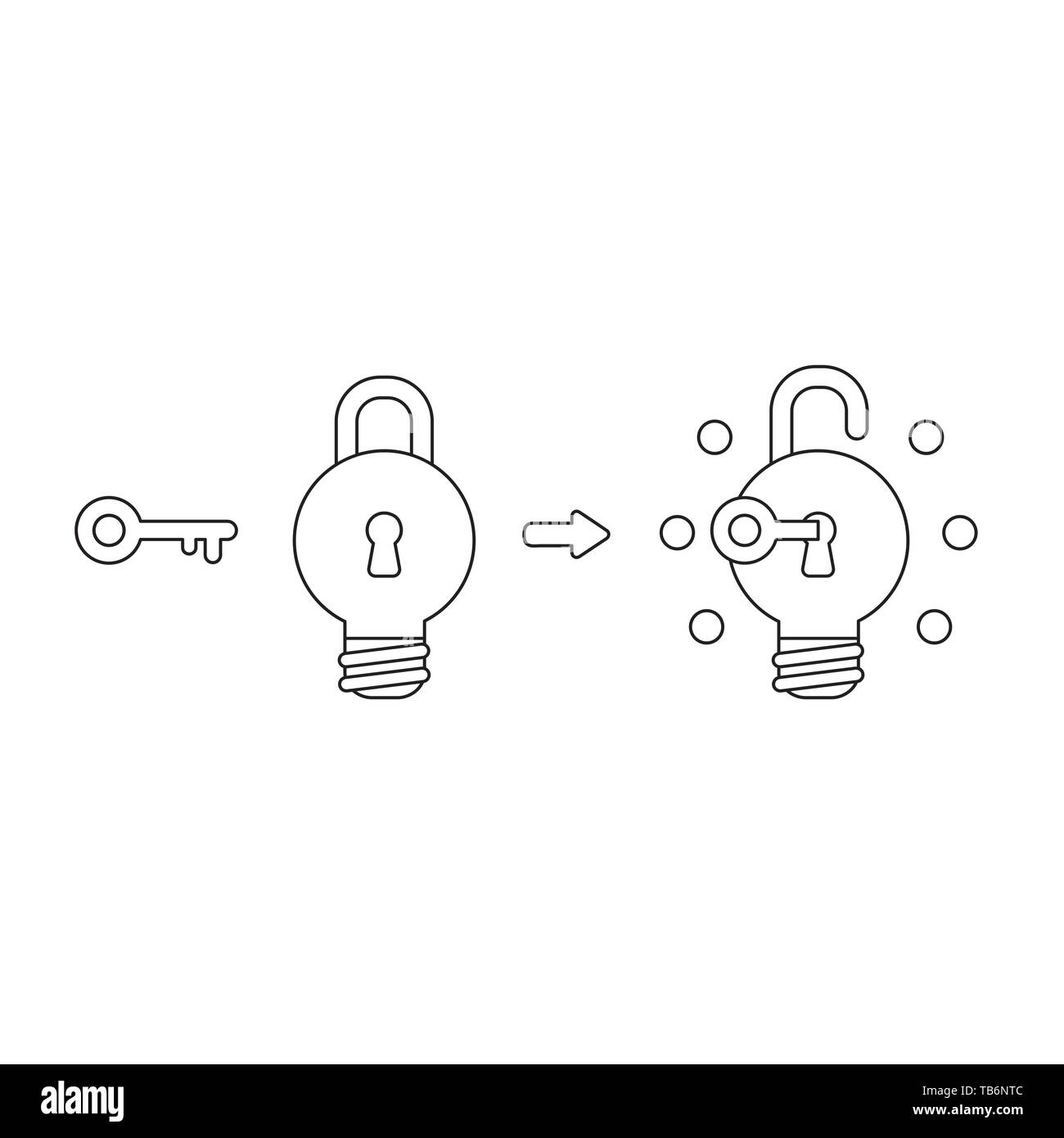 Vector icon concept of light bulb padlock with key into keyhole and ...