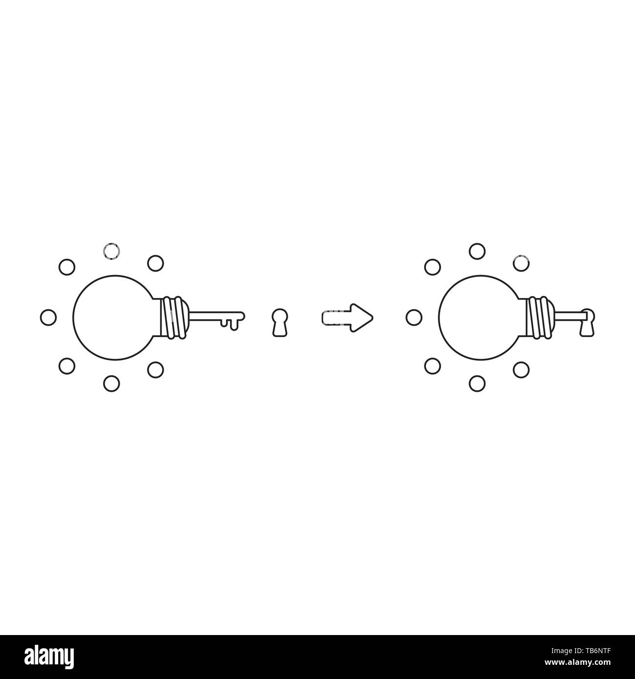 Vector icon concept of glowing light bulb key into keyhole. Black ...