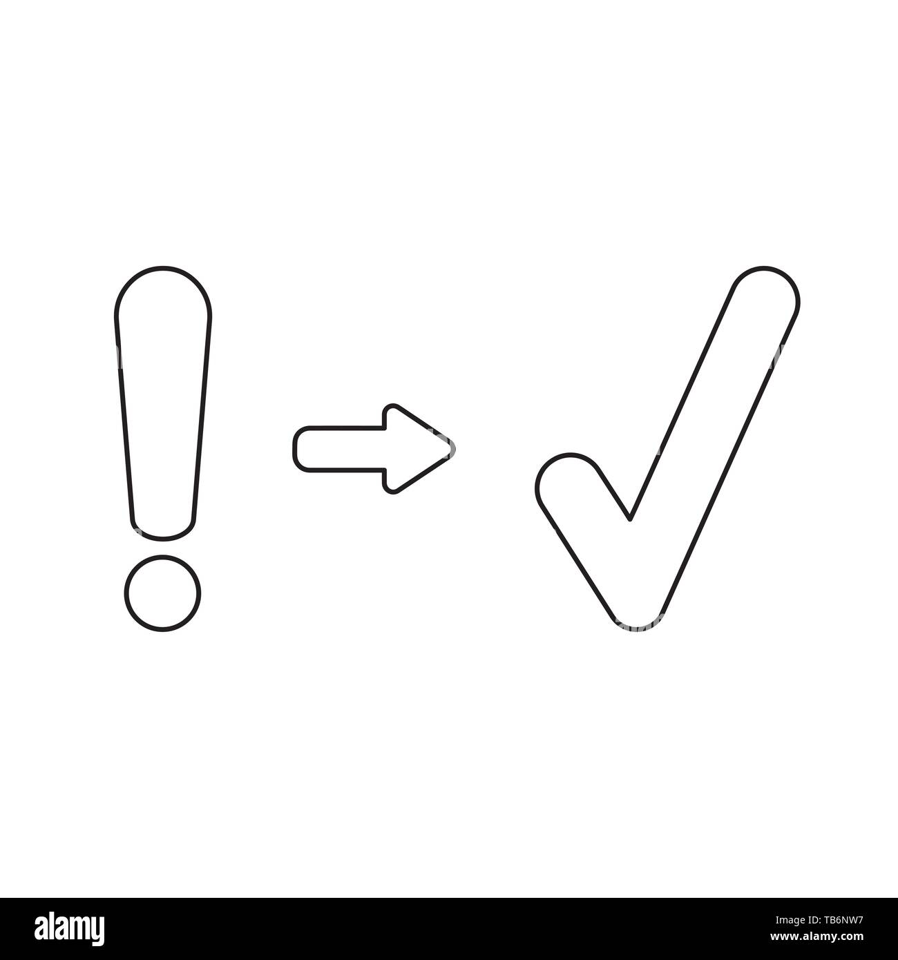 Vector icon concept of exclamation mark and check mark. Black outlines, white background Stock ...