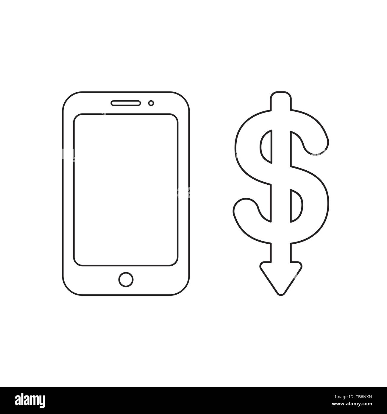 Vector icon concept of smartphone with dollar symbol arrow down. Black ...