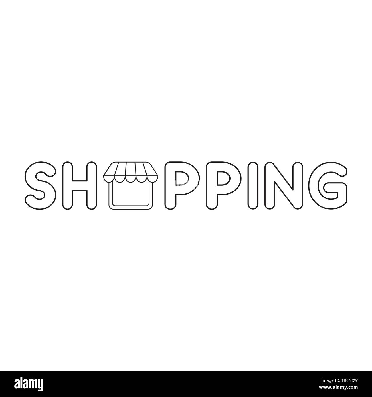 Vector icon concept of shopping word with store. Black outlines, white ...