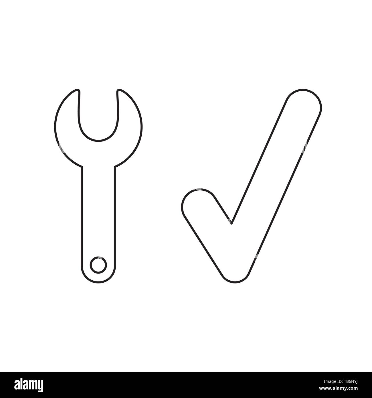 Vector icon concept of spanner and check mark. Black outlines, white ...