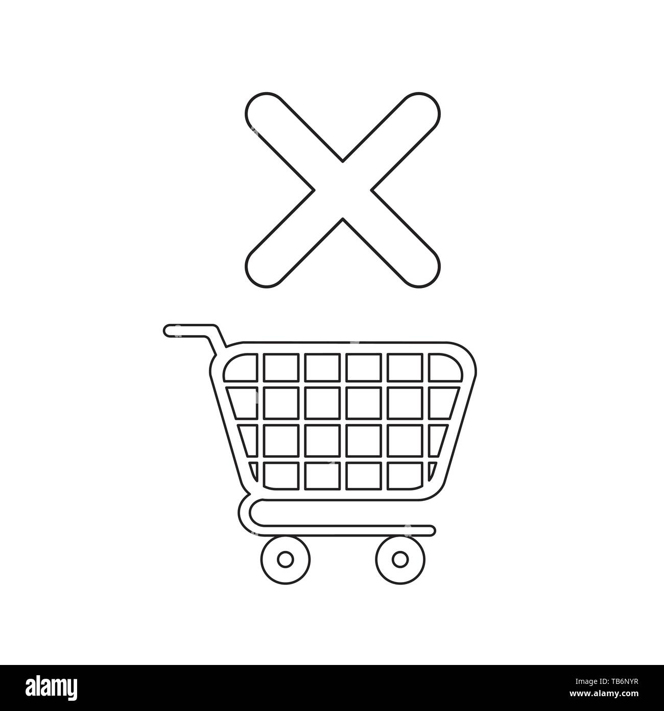 Vector icon concept of shopping cart and x mark. Black outlines, white ...