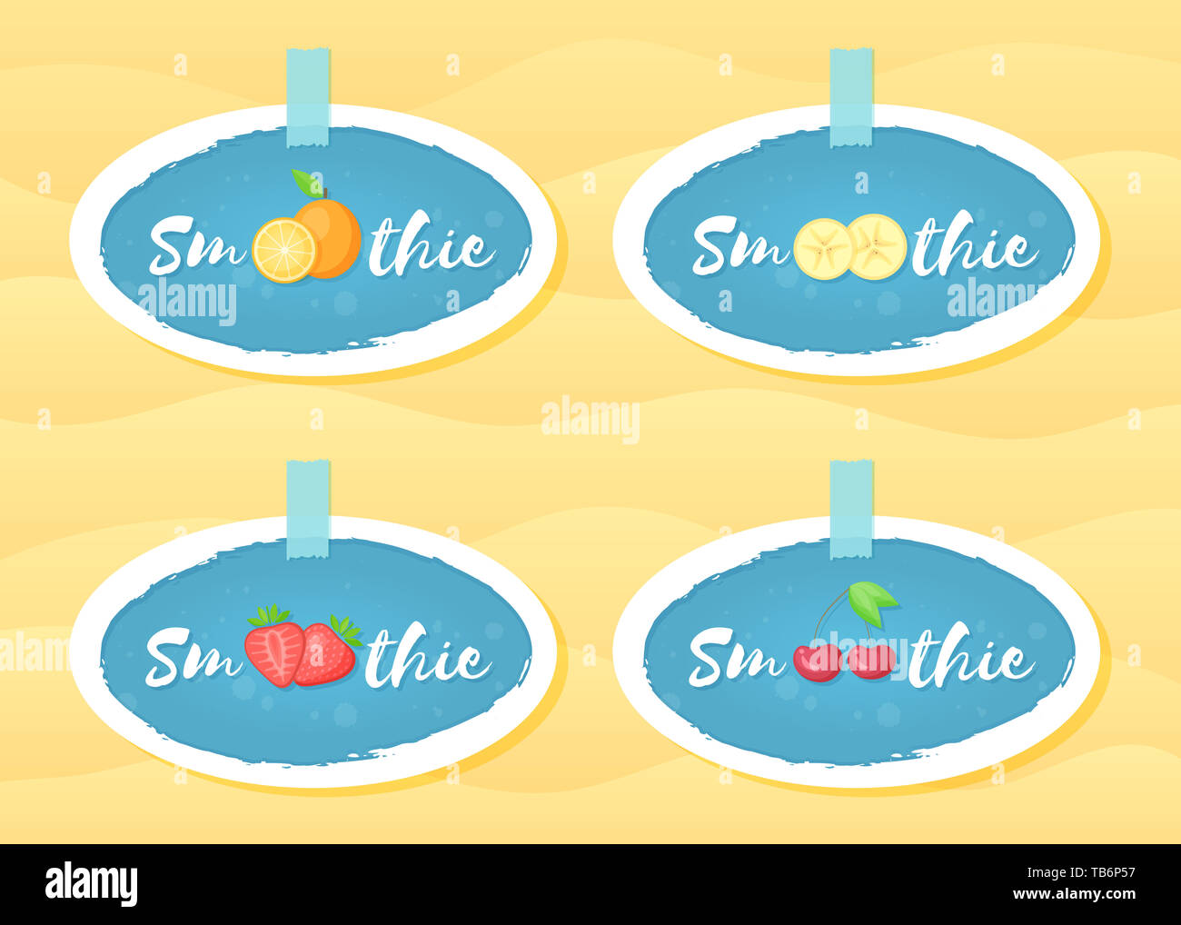 Blue label set smoothie fruit shake illustration. Hand drawn sign ...