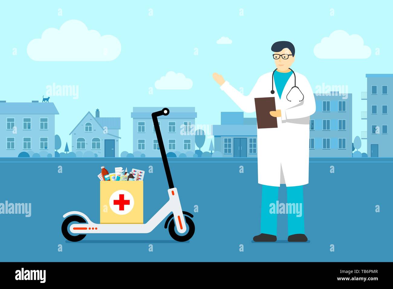 Medical delivery from pharmacy. White man doctor in glasses and uniform ...