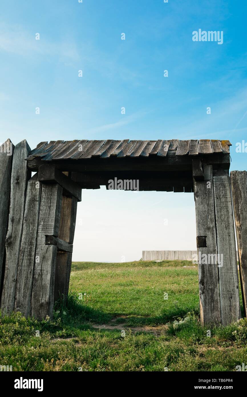 Vintage gateway, ancient city wooden gate at old historic place, green ...