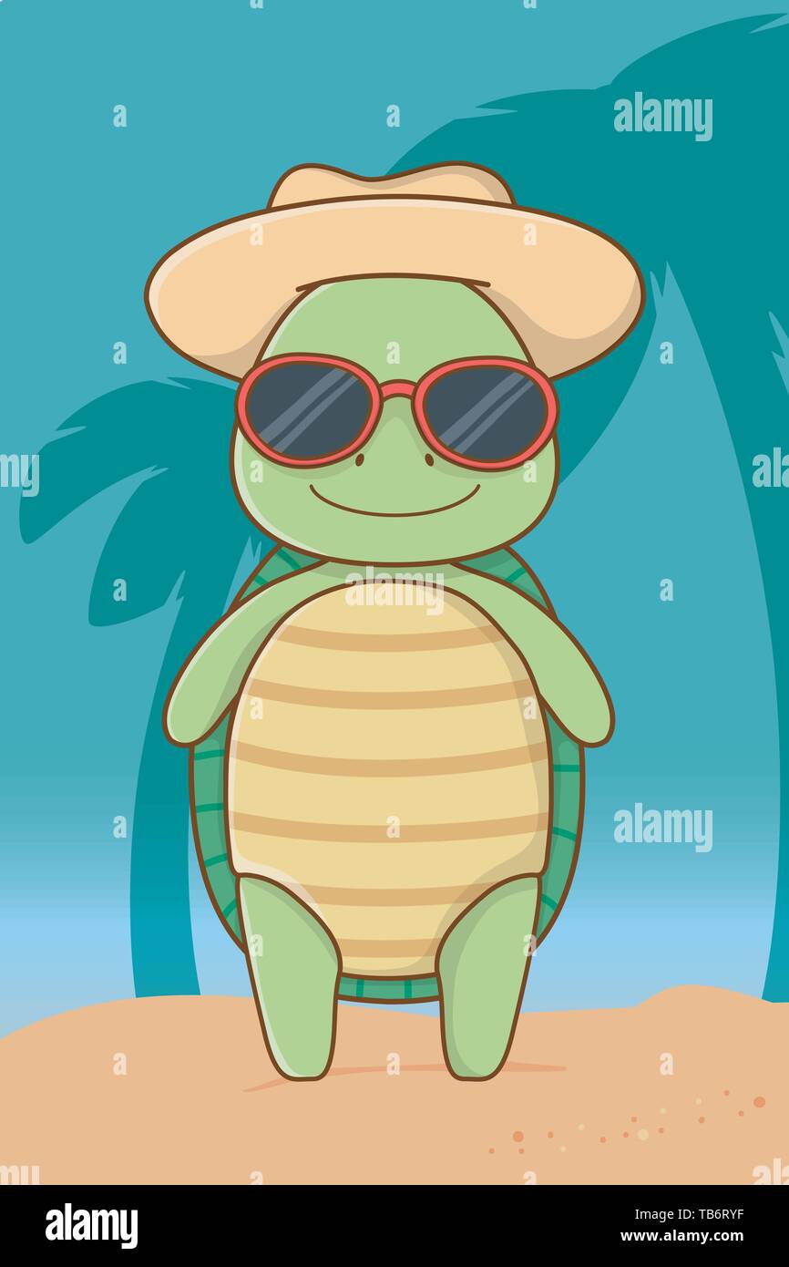 cute animal turtle enjoying summer time vacations holidays cartoon ...