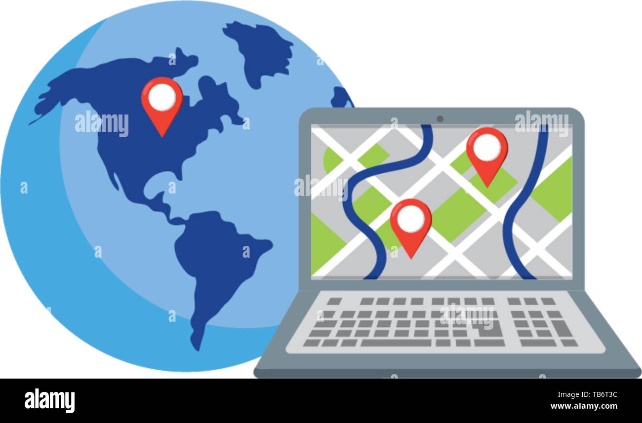 laptop showing map with location pointers and globe vector illustration ...