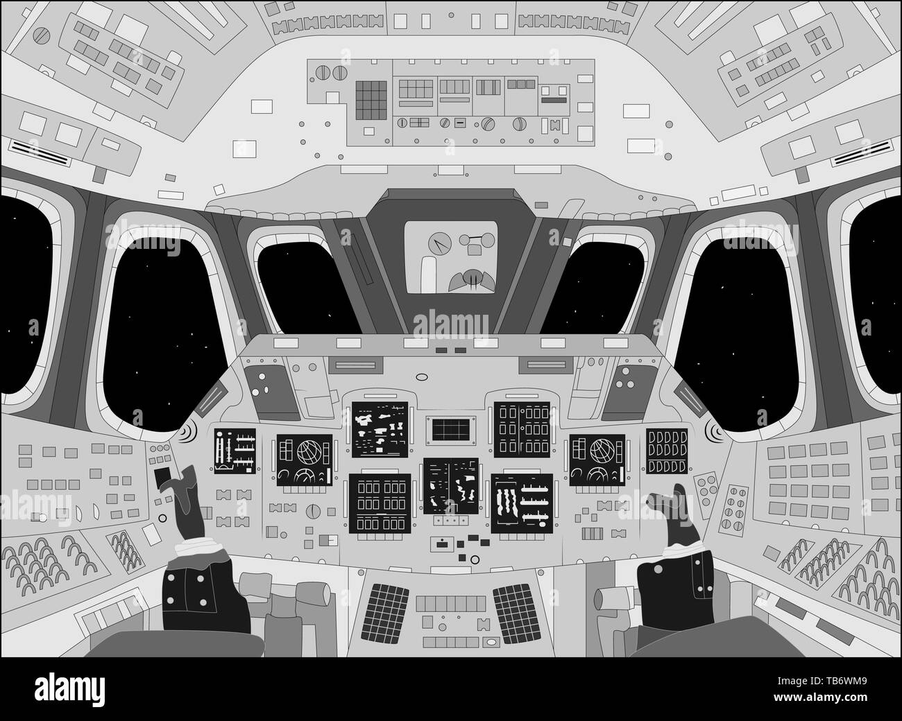 Spaceship cabin from inside, black and white vector illustration Stock ...
