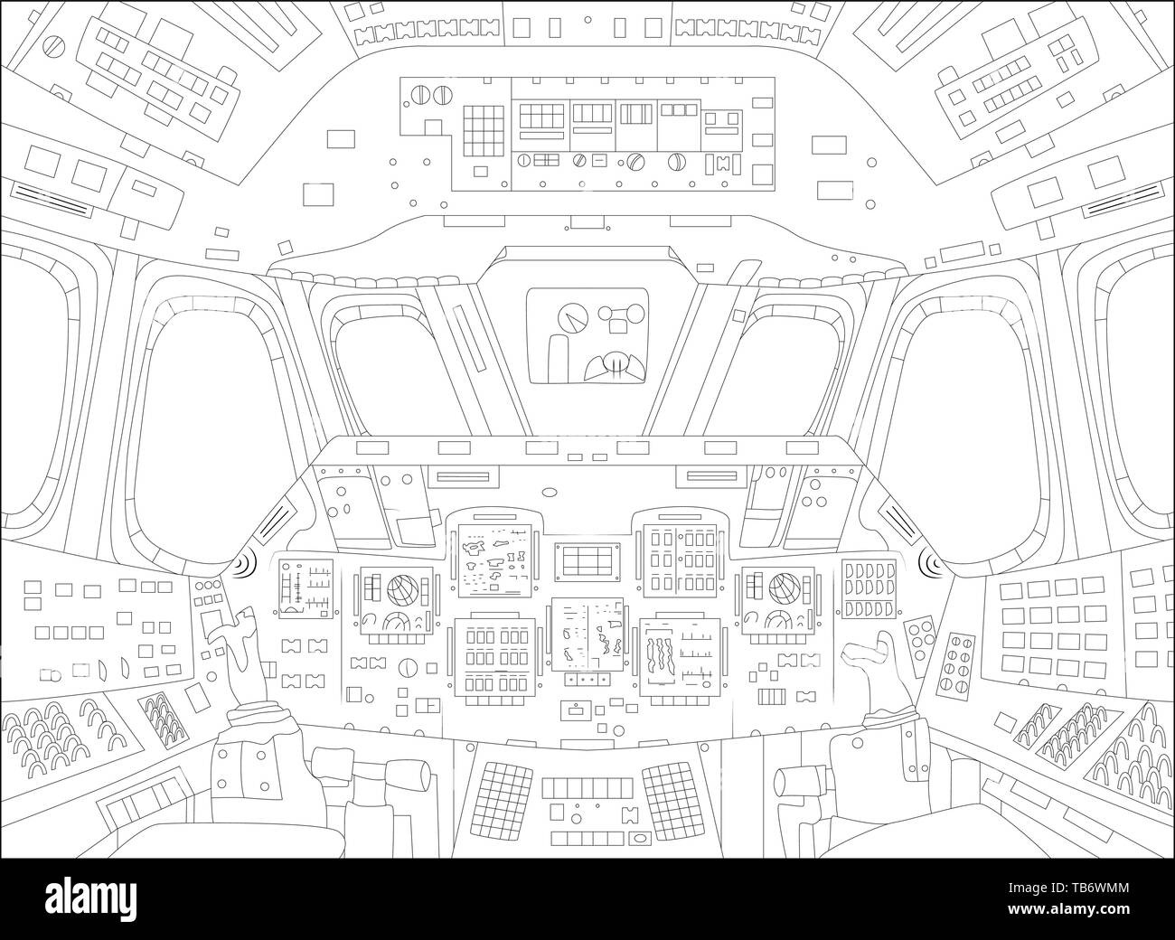 Spaceship cabin from inside, black and white vector illustration Stock ...