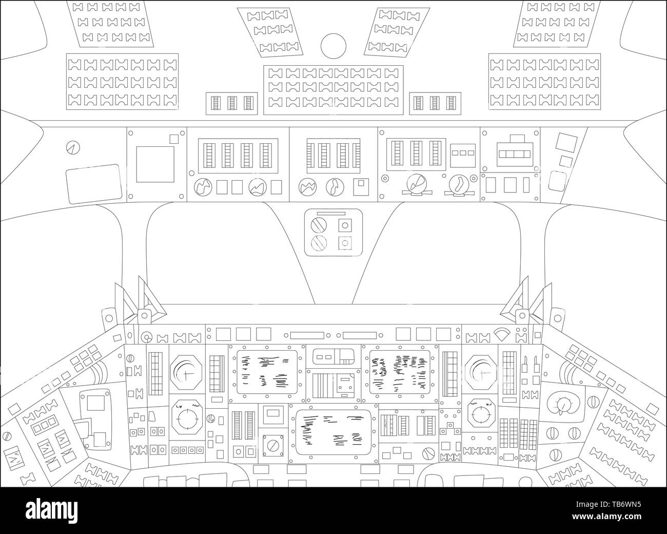 Spaceship cabin from inside, black and white vector illustration Stock ...
