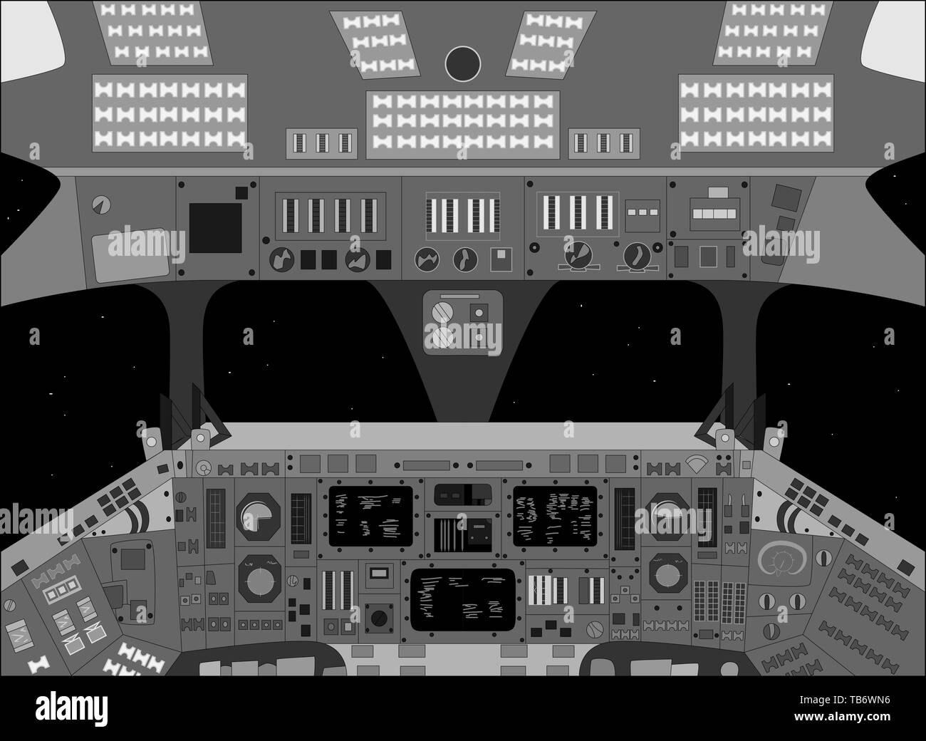 Spaceship cabin from inside, black and white vector illustration Stock ...