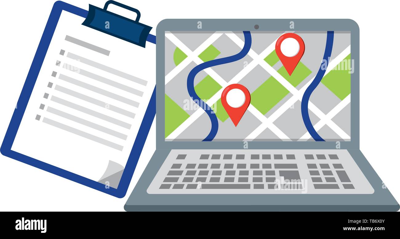 laptop showing map with location pointers and checklist vector ...