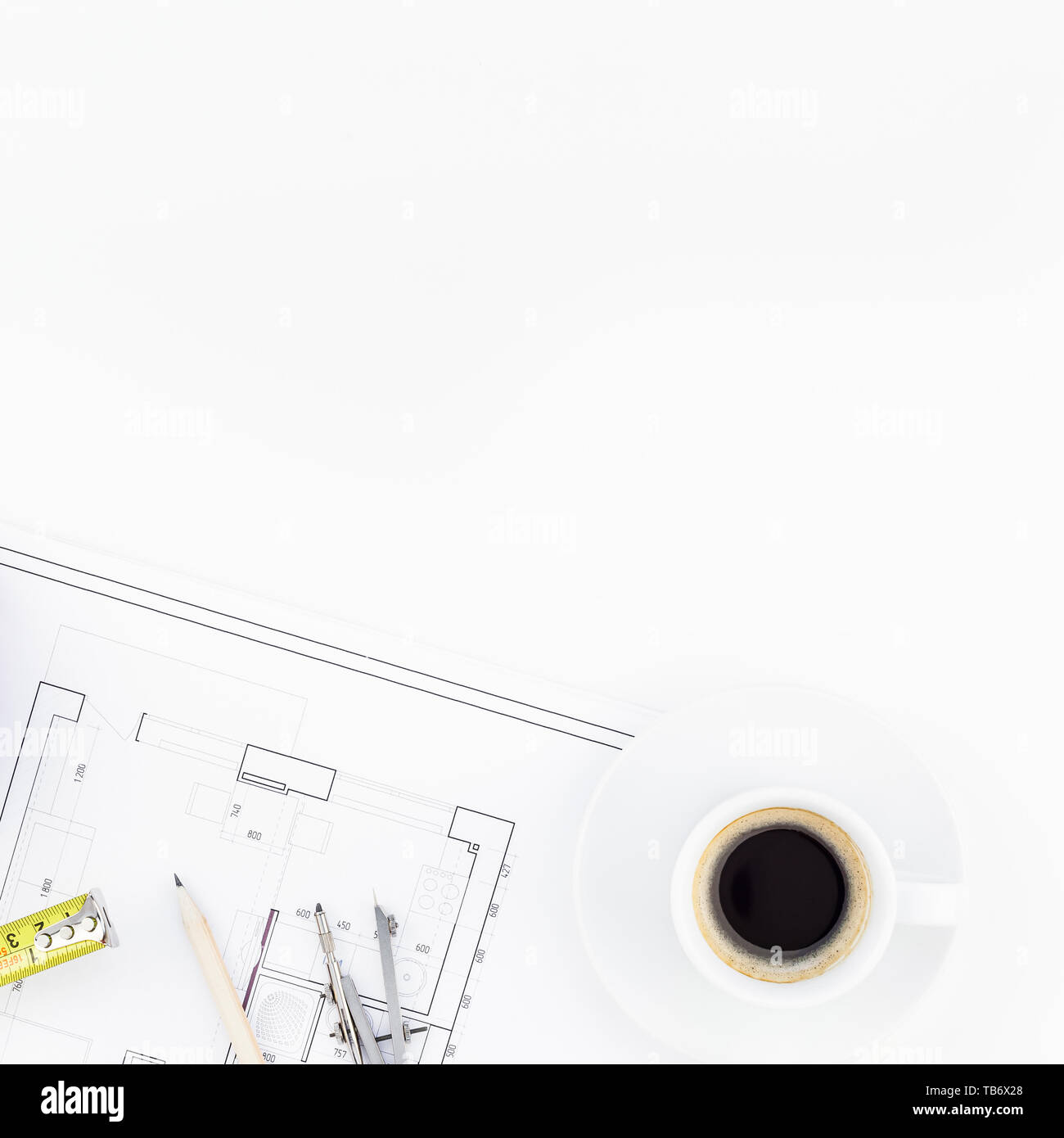 Creative flat lay overhead top view blueprint flat project plan hot ...