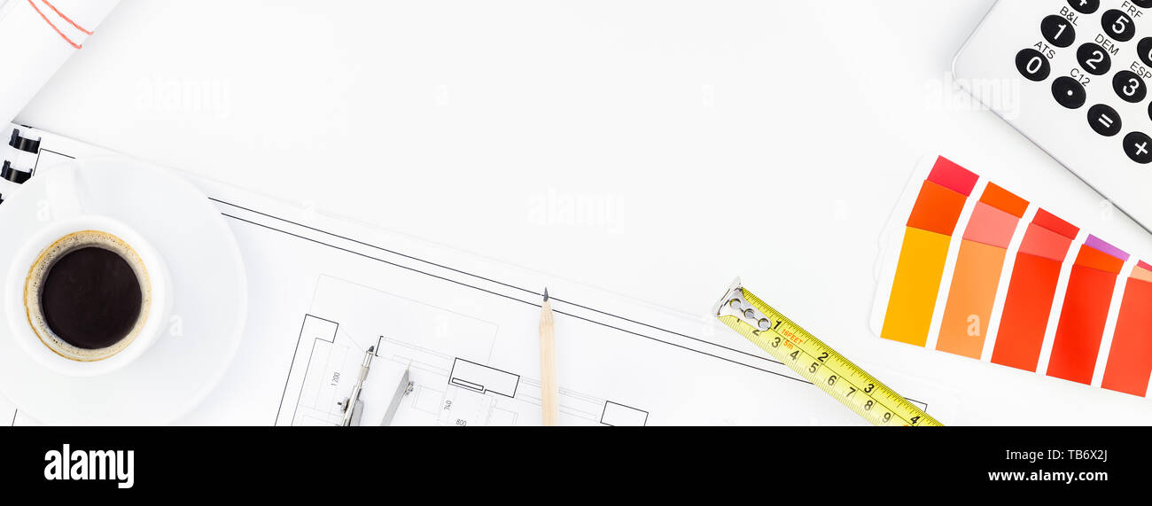 Creative flat lay overhead top view blueprint flat project plan hot ...