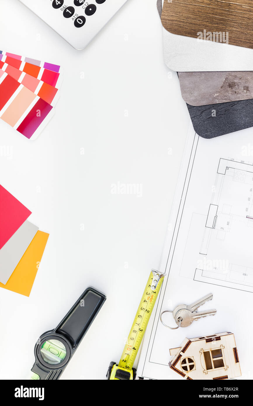 Creative flat lay overhead top view blueprint flat project plan and ...