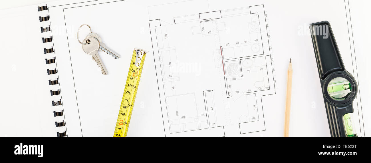 Creative flat lay overhead top view blueprint flat project plan and ...