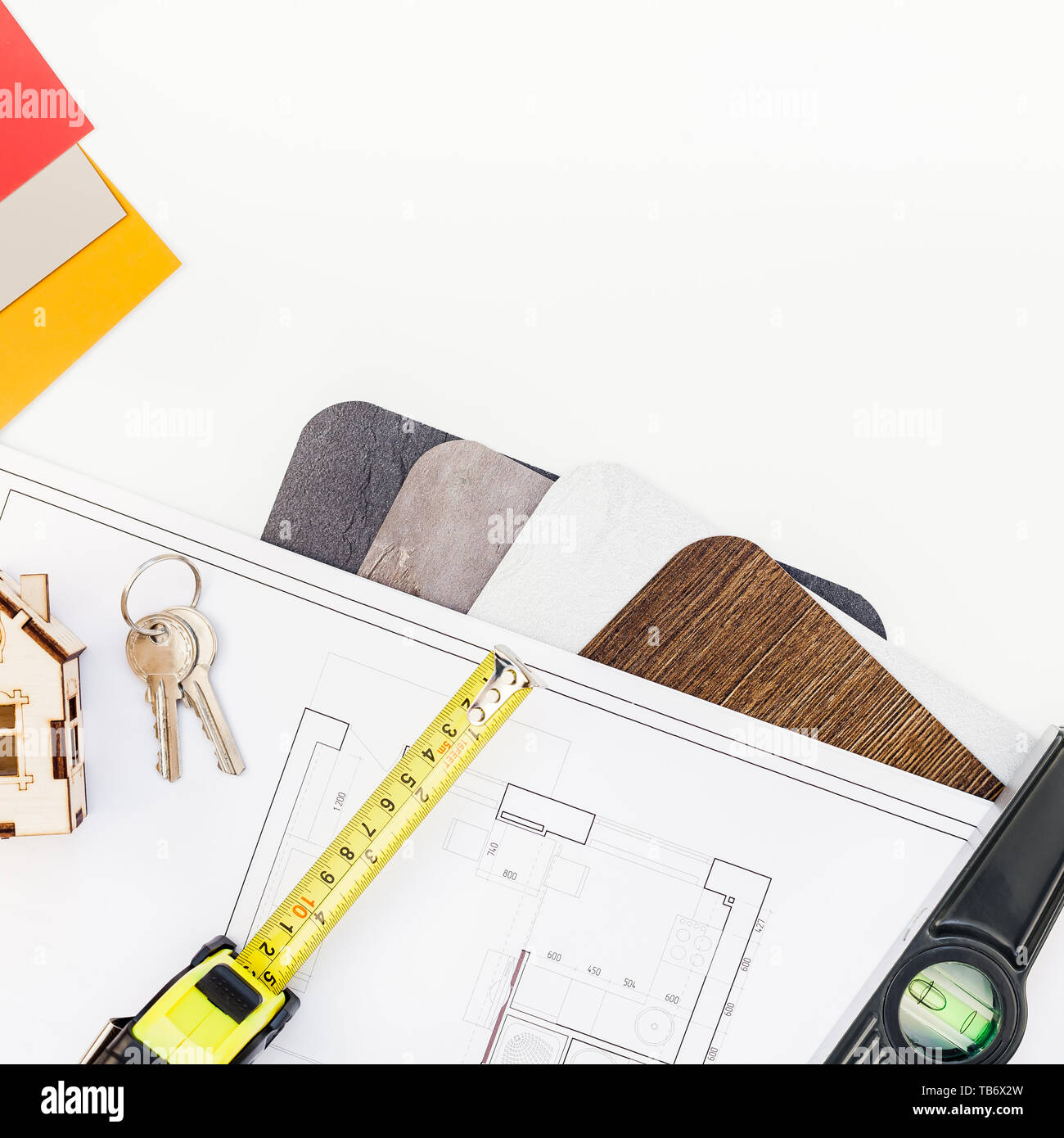 Creative flat lay overhead top view blueprint flat project plan and ...