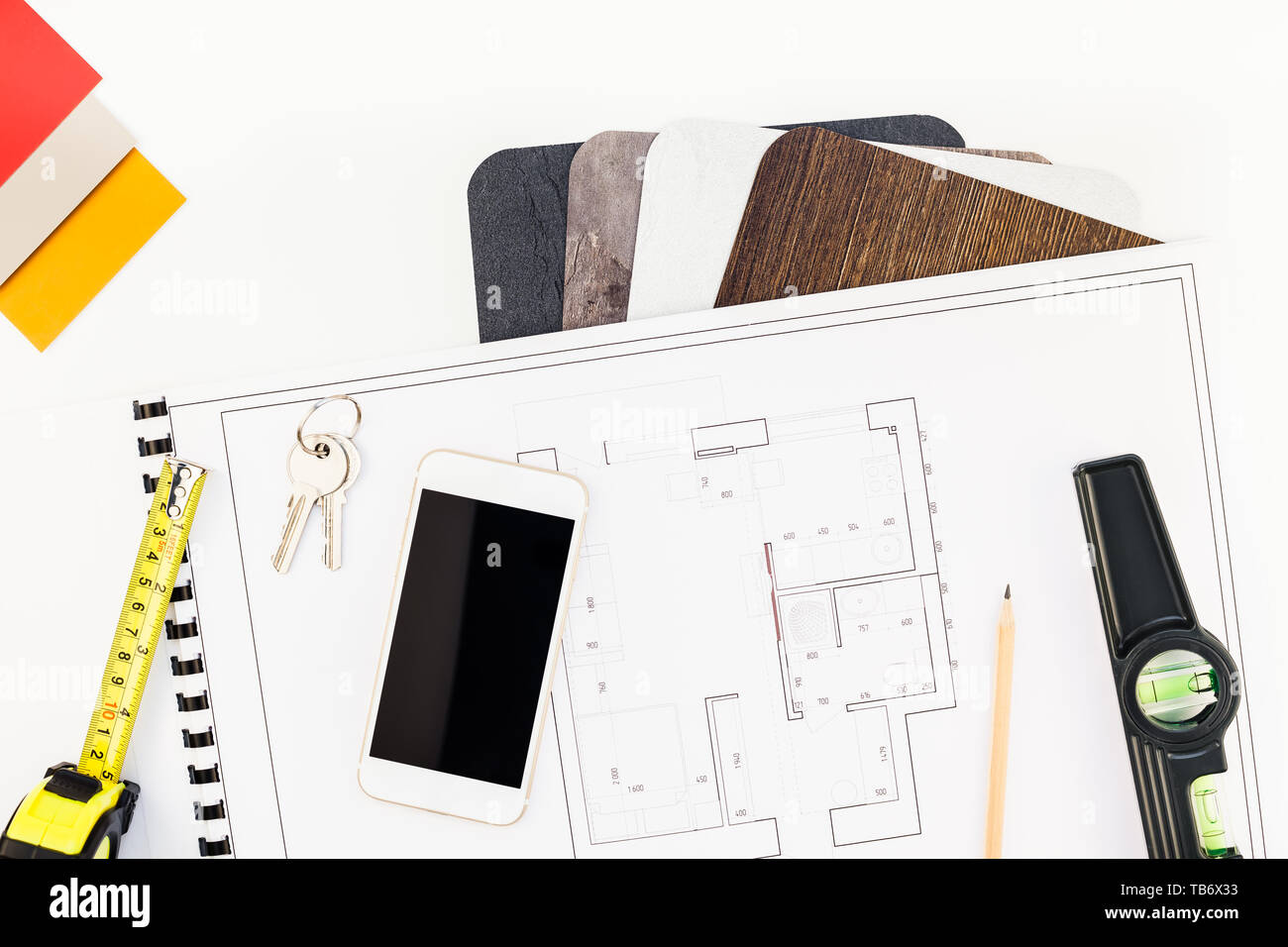 Creative flat lay overhead top view blueprint flat project plan and ...