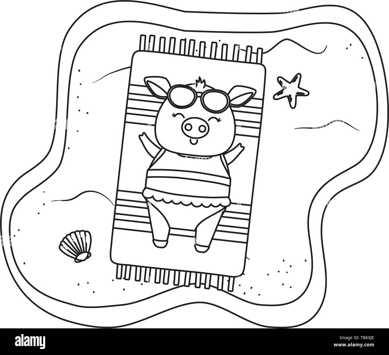 cute animal pig enjoying vacations and summer time, travel and relax ...