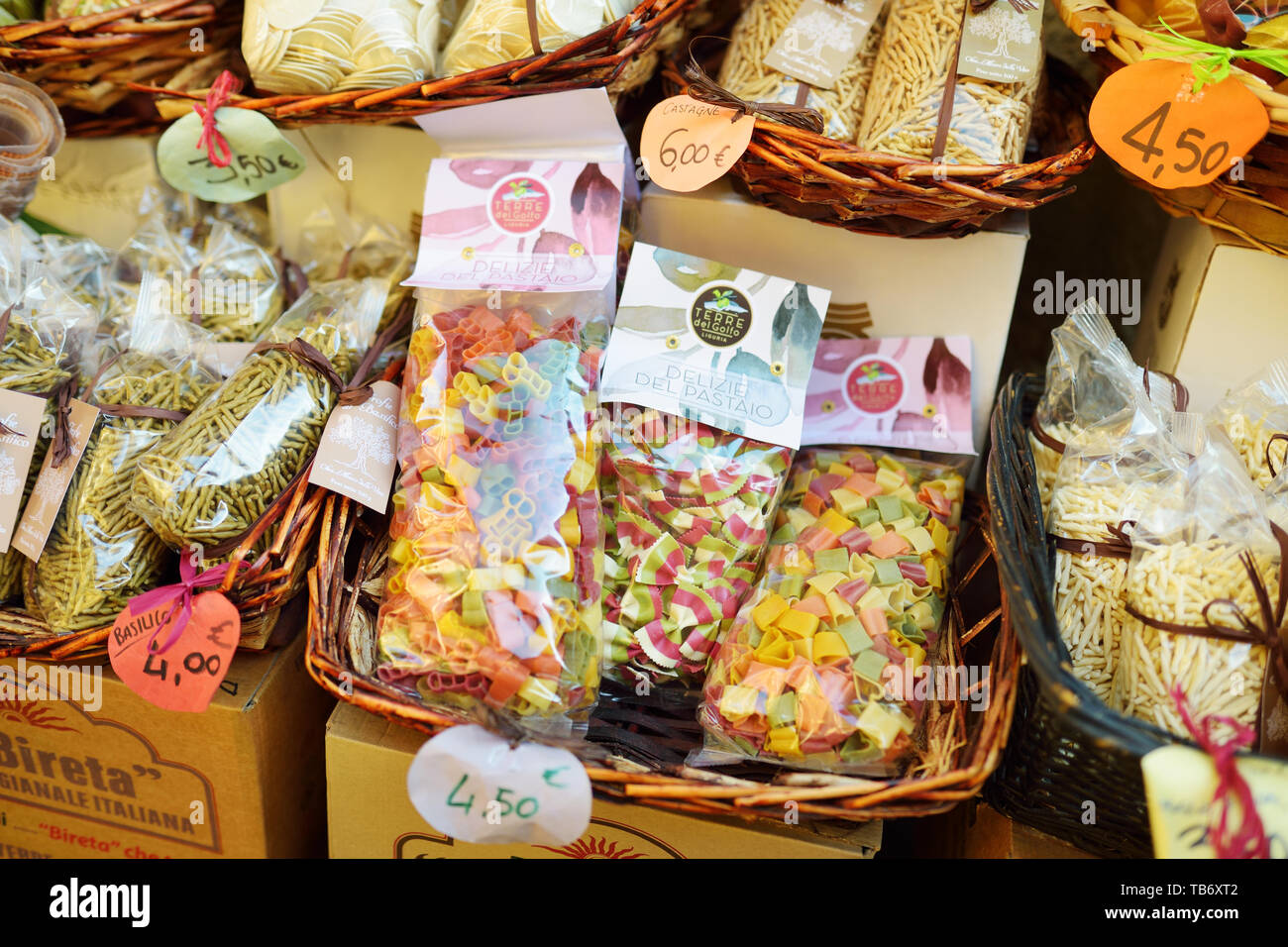 MANAROLA, ITALY - NOVEMBER 18, 2018: Various food, goods and small ...